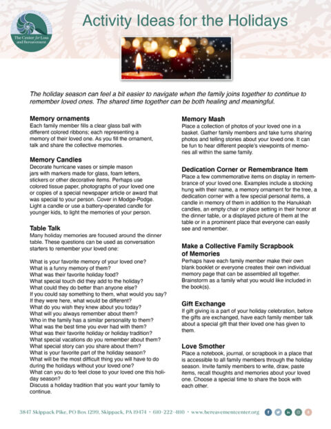 Activity Ideas for the Holidays - Center for Loss and Bereavement