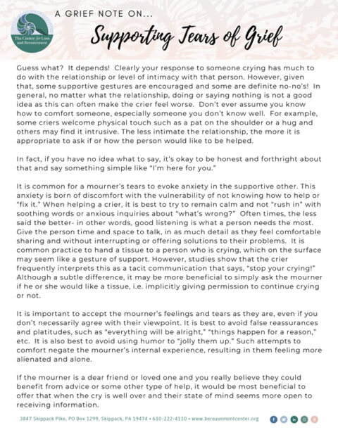 Grief Note: Supporting Tears of Grief - Center for Loss and Bereavement