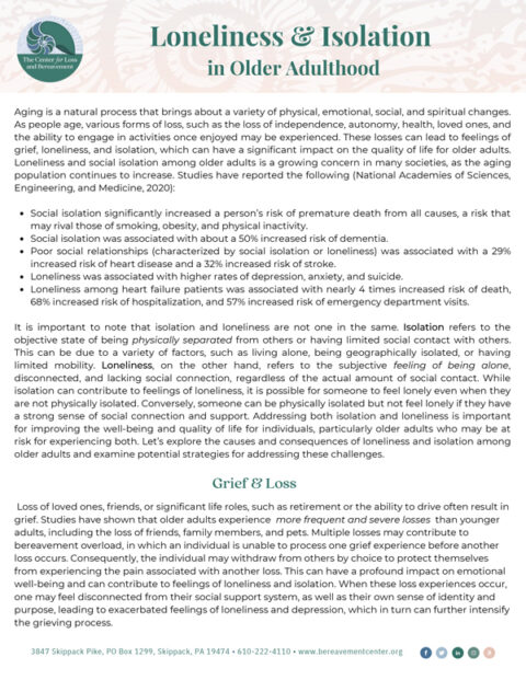 Loneliness & Isolation in Older Adulthood - Center for Loss and Bereavement