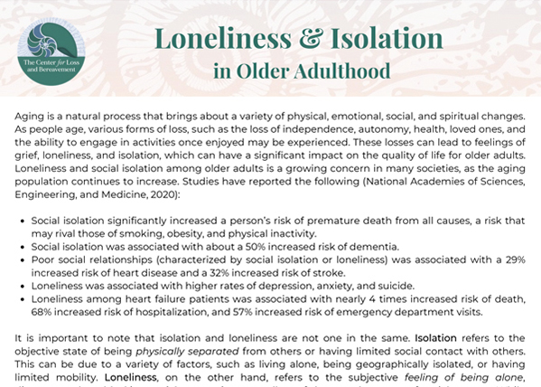 Loneliness & Isolation in Older Adulthood - Center for Loss and Bereavement