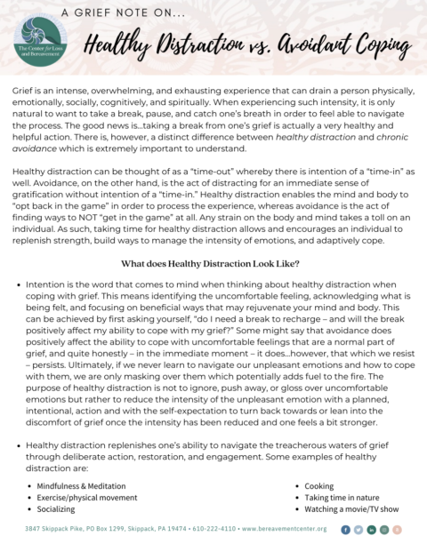 Grief Note: Healthy Distractions vs. Avoidant Coping - Center for Loss ... Grief Note: Healthy Distractions vs. Avoidant Coping - Center for Loss ...