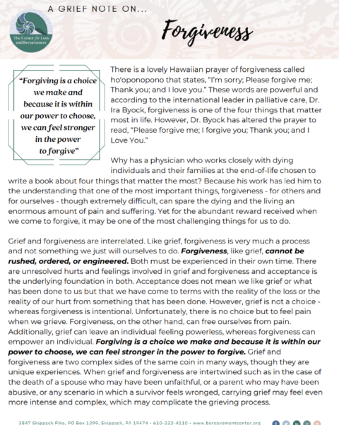 Grief Note: Grief and Forgiveness - Center for Loss and Bereavement